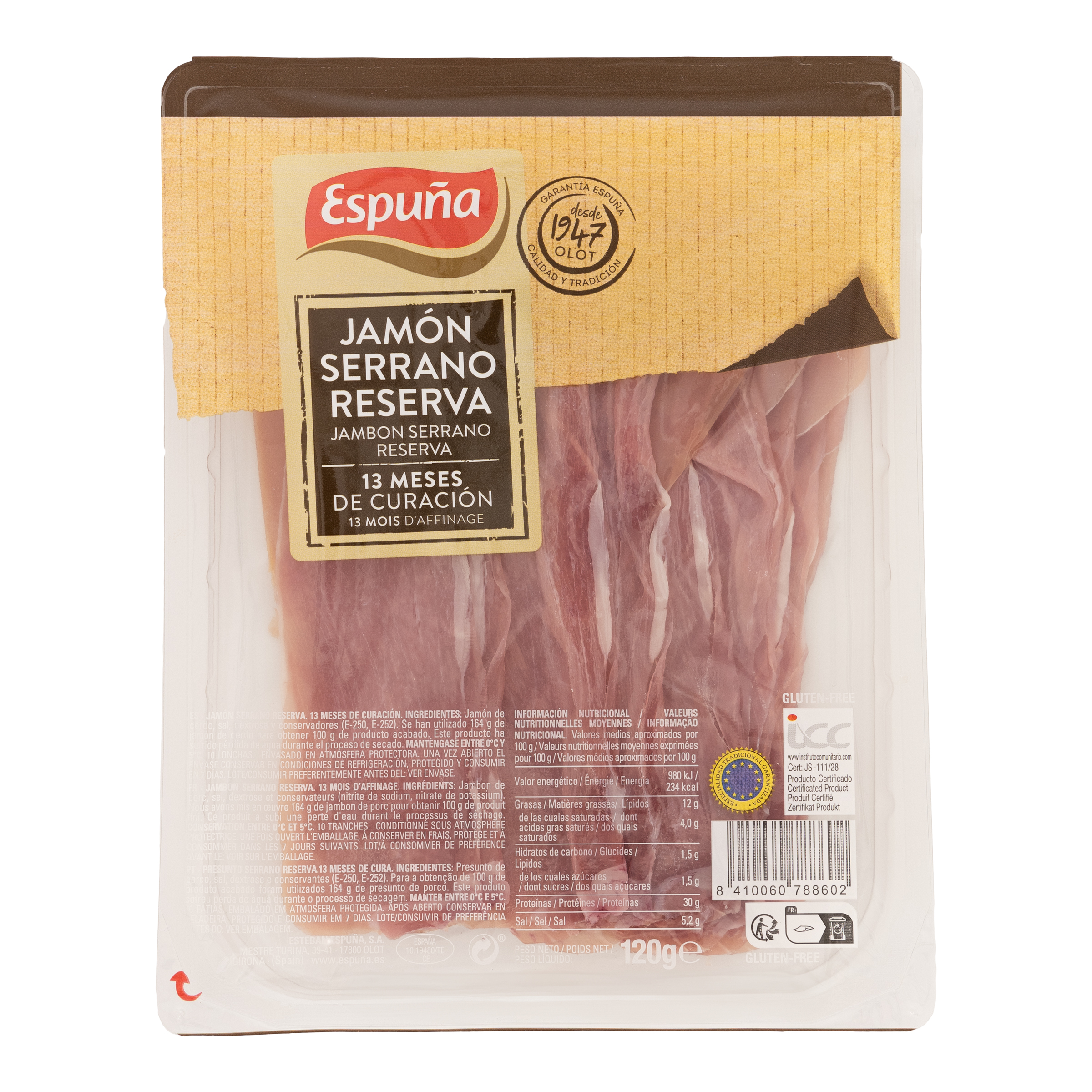 Jamon serrano RVA Espuña 120 gr lonchas. | Ahorramas