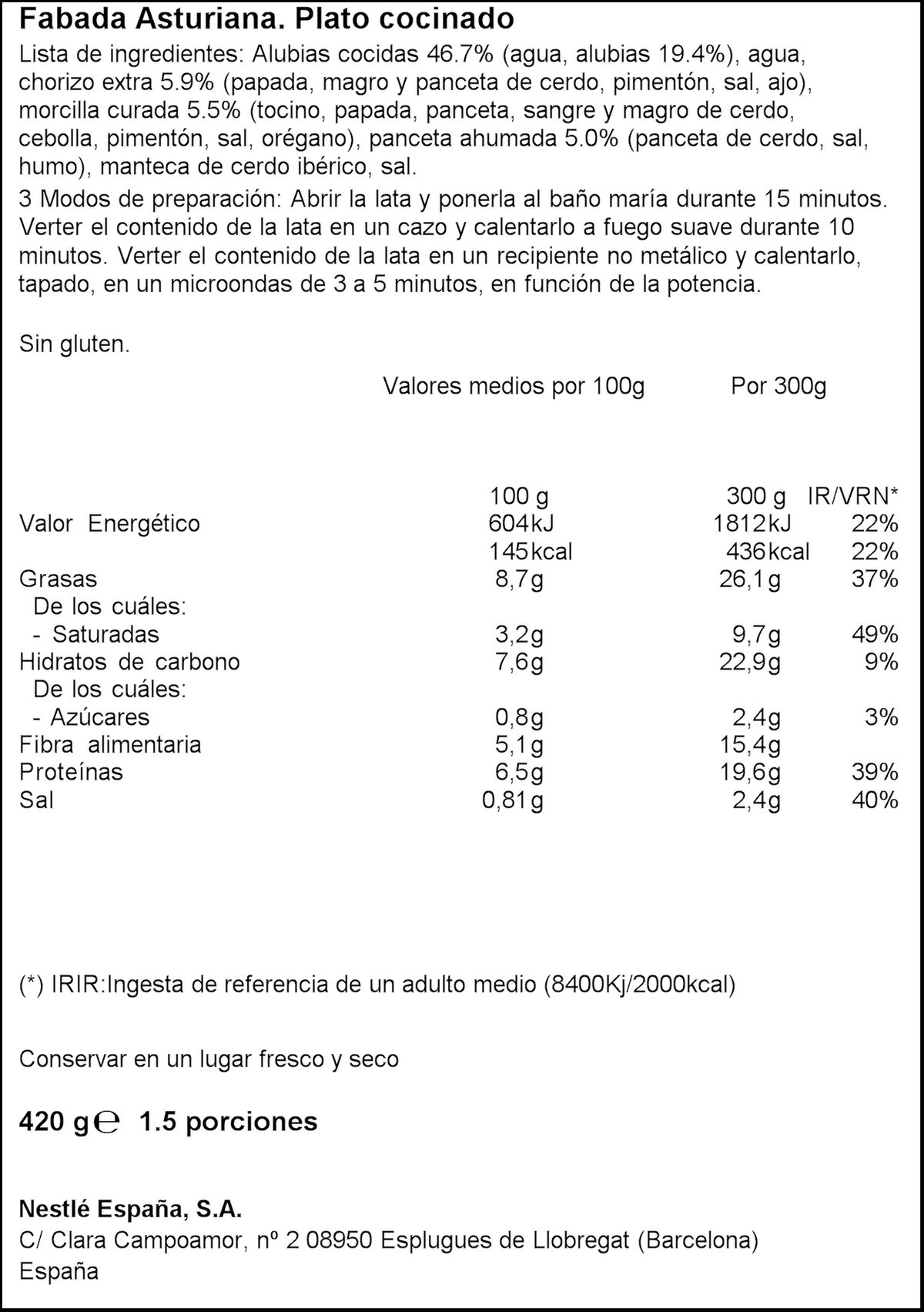 Fabada asturiana con selectos embutidos Litoral 420g | Ahorramas